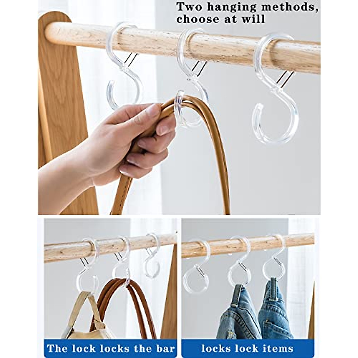 S Hooks with Safety Buckle for Hanging, Anti-Drop S Shaped Hooks, Heavy Duty Rustproof S Hangers for Kitchen Utensil, Closet Rod, Bathroom (32, Clear)