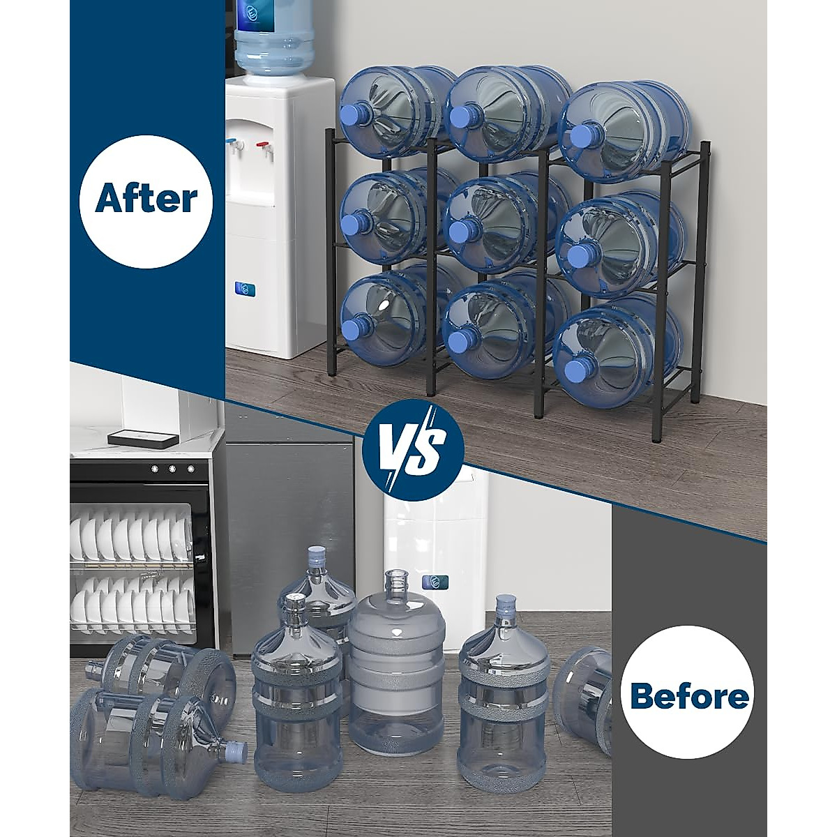 mocomax 5 Gallon Water Jug Rack, Detachable Water Bottle Holder for 9 Bottles, 3 Tier Heavy Duty Water Cooler Jug Rack, Water Bottle Organizer Storage Rack for Kitchen, Office, Living Room, Black