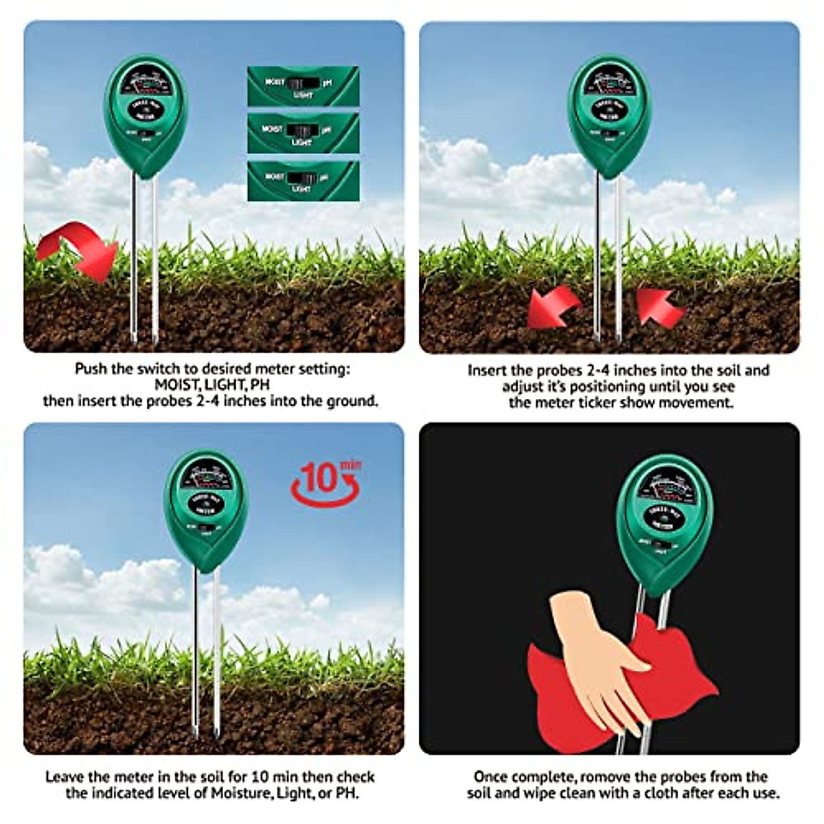 Soil Meter - Monitors Sunlight, Soil Moisture, Plant Water, and pH Levels in Plants, Crops, Fruits, Vegetables, Farms, and Indoor and Outdoor Gardens! No Batteries Required!