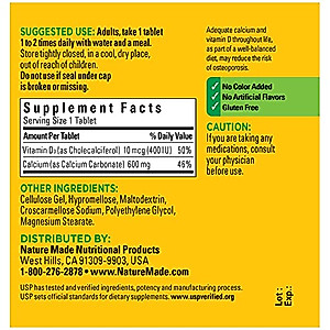 Nature Made Calcium 600 mg with Vitamin D3, Dietary Supplement for Bone Support, 60 Tablets