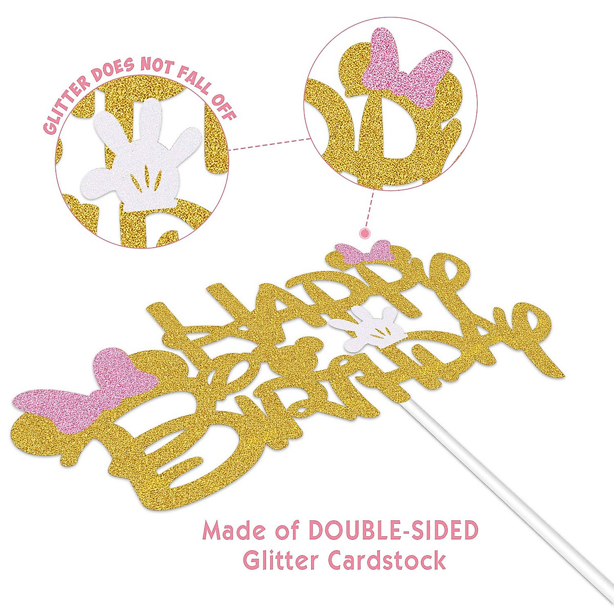 Pink And Gold Glitter Minnie Inspired Happy Birthday Cake Topper with Pink Bows and White Gloves Girls Birthday Party Decorations Supplies