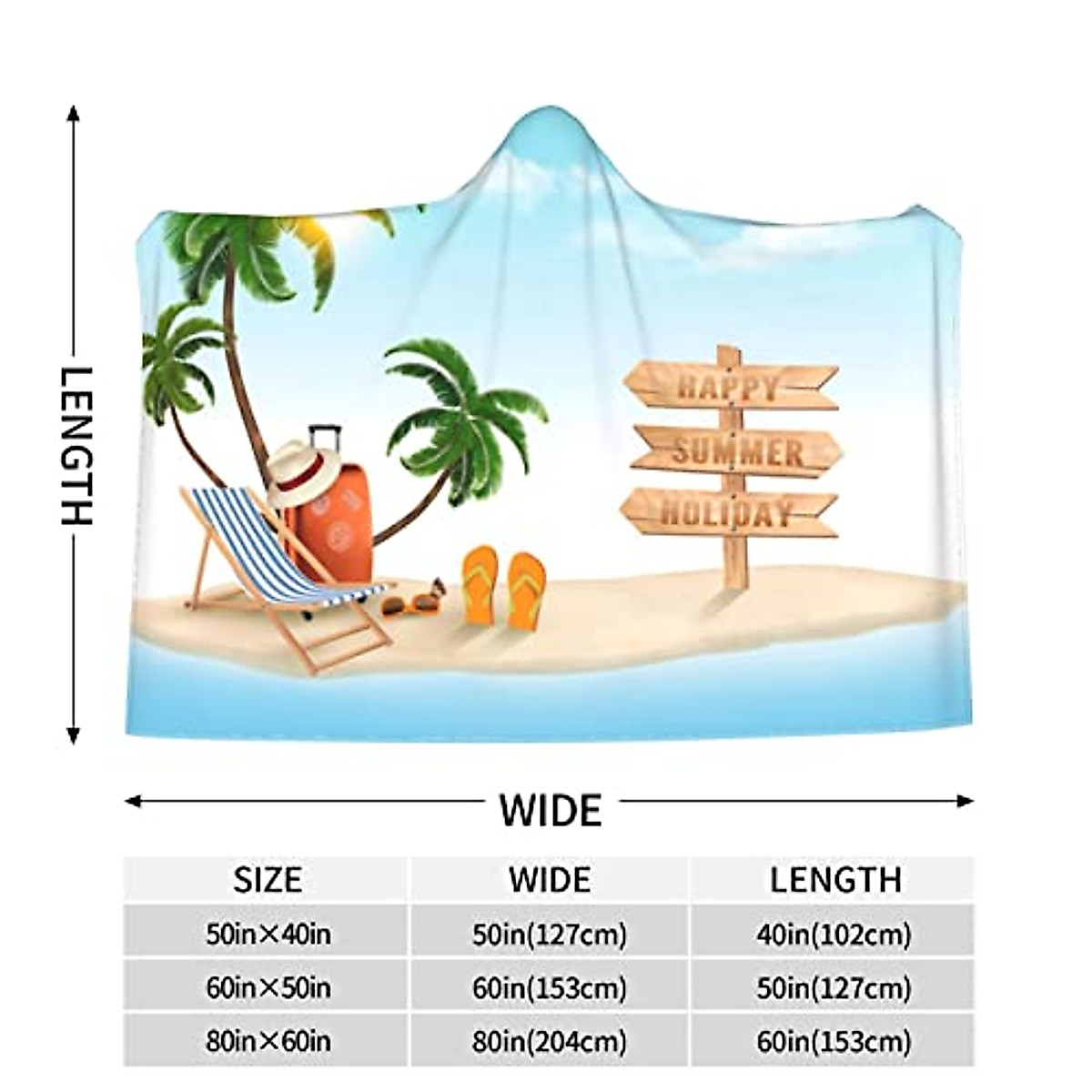 Hooded Blanket Summer Ocean Beach Tropical Palm Trees Flannel Wearable Throw Cape Robe Wrap Fleece Warm Air-Conditioning Quilt 60"X50"