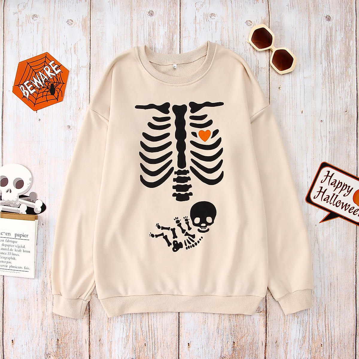 SOFEON Women Halloween Sweatshirt X-Ray Skeleton Maternity Sweatshirt Funny Pregnancy Announcement Crewneck Pullover Tops(Beige,XX-Large)