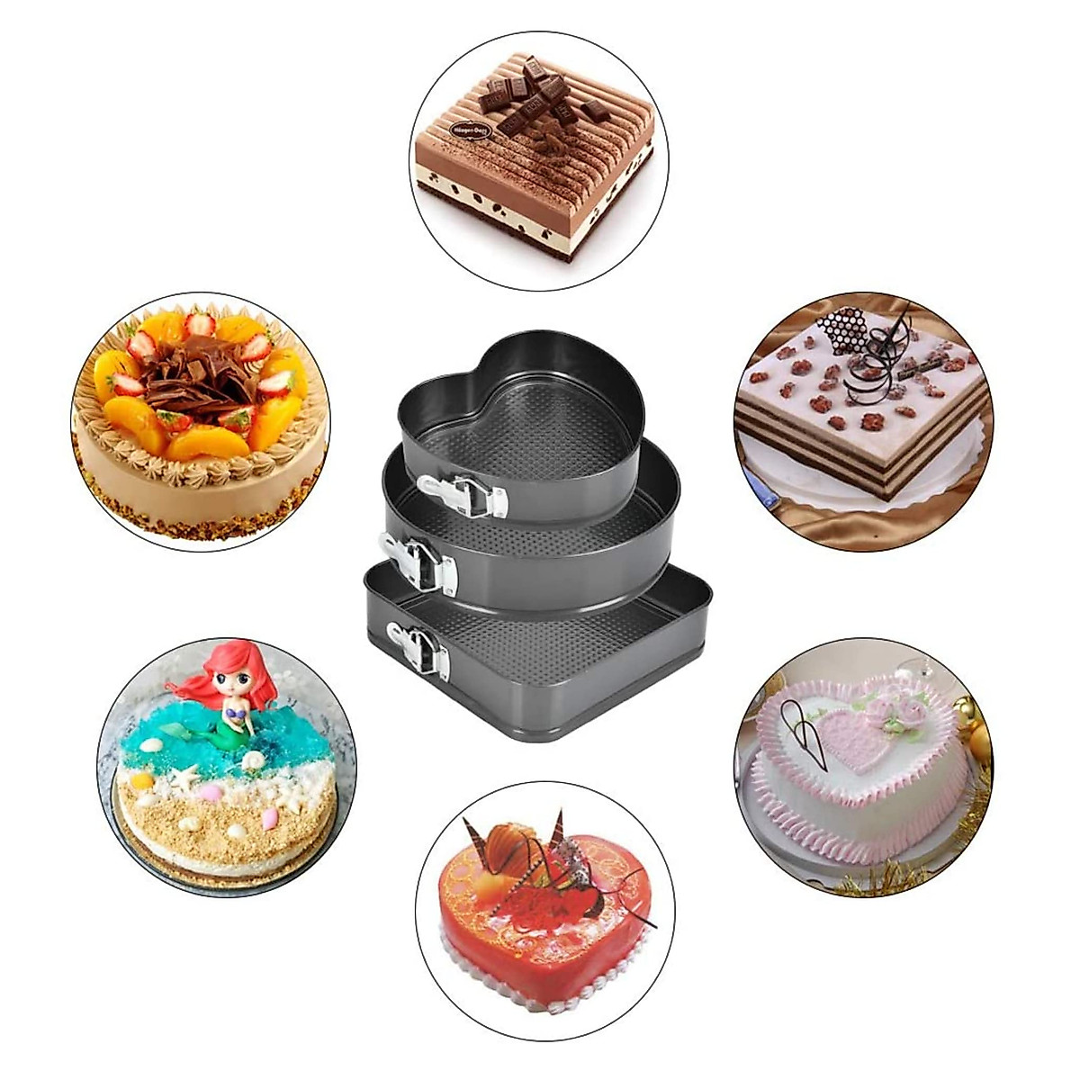 Springform cake pan 8"Heart-shaped & 9"Round &10"Square pan (3 Shaped of Pans)Sets for Baking,Cake Decorating Supplies,Icing Tips, Piping Bag Couplers