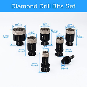DKIBBITH 7 Packs Diamond Core Drill Bits, Angle Grinder Hole Saw for Porcelain Tile Granite Brick Concrete with 5/8-11 Thread Hex Shank Adapter, Size 3/4'' 1'' 1-1/4'' 1-3/8'' 1-1/2'' & 2'', Black