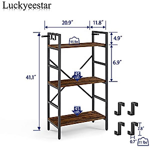 Luckyeestar 3 Tier Bookshelf, Bookcase Shelf Storage Organizer, Modern Book Shelf for Bedroom, Living Room and Home Office, Wood & Metal (Rustic Brown)