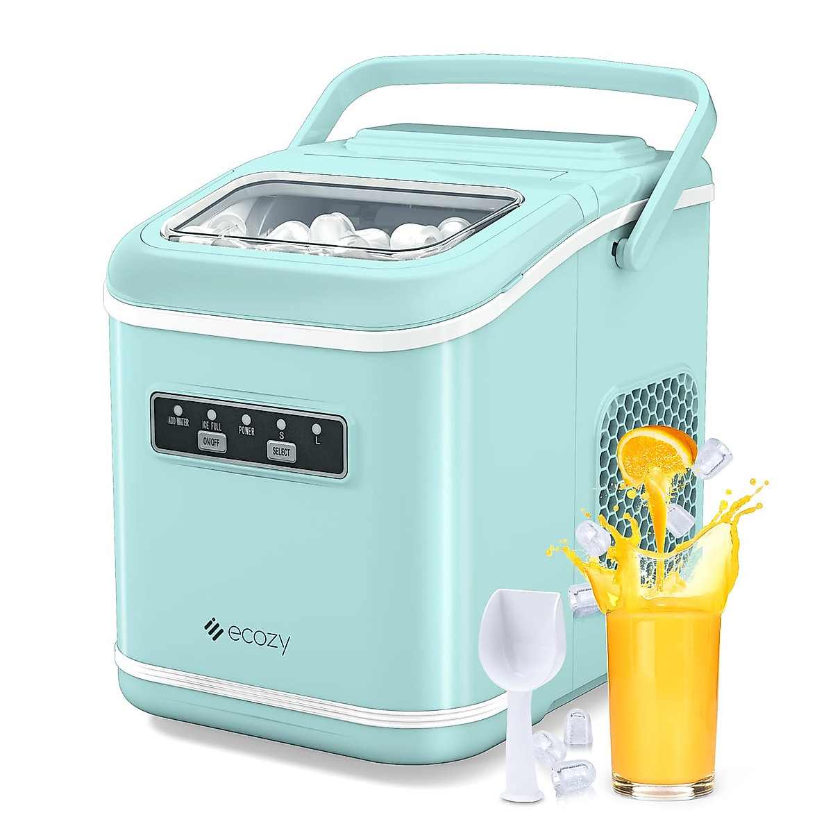 ecozy Countertop Ice Maker, Portable Ice Maker with Self-Cleaning, 9 Bullet Ice Cubes in 6 Mins, 26lbs/24Hrs, Ice Maker Machine with Ice Bags, Handle, Standing Scoop and Basket, Green