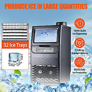 Commercial Ice Maker Machine, 88lbs/24H Counter Ice Maker with 11LBS Storage Bin, 10min Quick Ice Dispensing, 32 Ice Trays, Freestanding Ice Maker Includes Scoop for Home Office Restaurant Bar