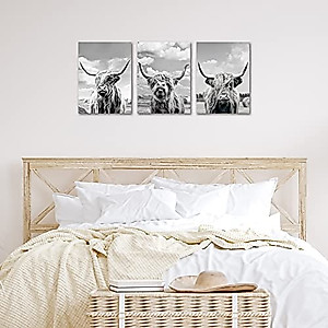 GDHBLING Grey Highland Cow Wall Art Rustic Wall Art for Bathroom Farmhouse Canvas Wall Art for Living Room 3 Piece Western Bedroom Wall Art 12x16 Inch