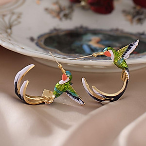Cute Hummingbird Earrings Flying Hummingbird Oil Painting Dangle Earrings Enamel Hummingbird Stud Earrings Colorful Metal Animal Elegant Hummingbird Bird Studs Earring Jewelry - Green