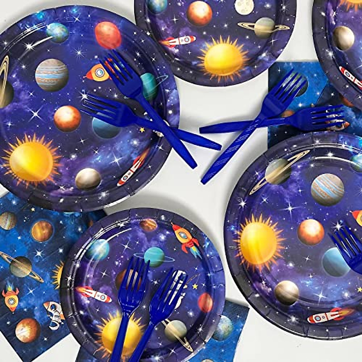 Tevxj 96 Pieces Outer Space Party Decorations Supplies Galaxy Party Tableware Set Outer Space Birthday Party Dessert Plates Napkins Forks for 24 Guests Boy or Girl Party Favors