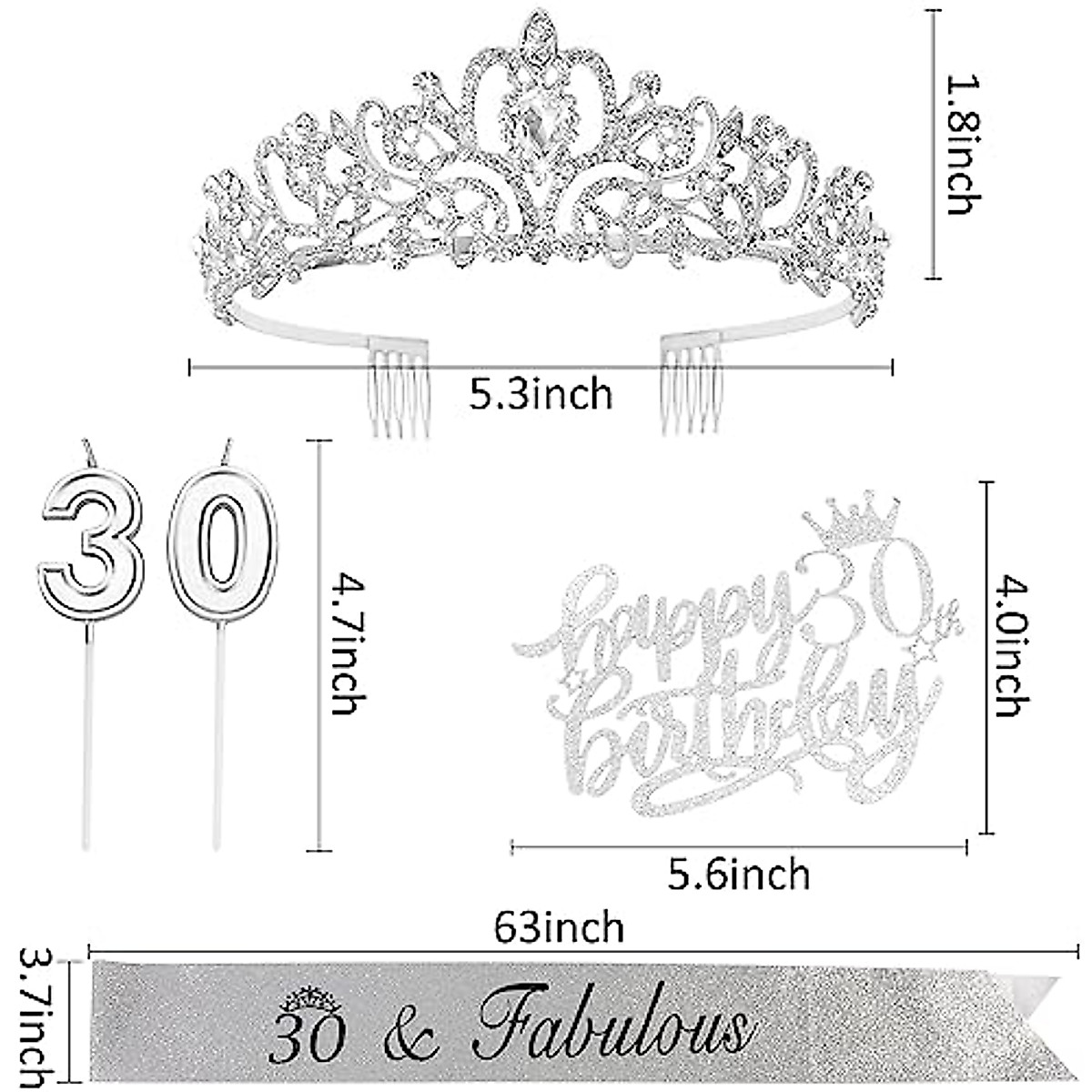 Hapdoo 30th Birthday Decorations women, Including 30th Birthday Rhinestone Crown Tiara, 30&Fabulous Sash with Pearl Pin, Happy Birthday Cake Topper and Number Candles, 30th Birthday Gifts for women, Silver