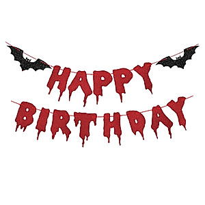 Red Glittery Happy Birthday Halloween Banner Halloween Hanging Paper Garland Bunting Banner Photo Backdrop Halloween Bloody Horror Movie Themed Birthday Party Decorations Supplies