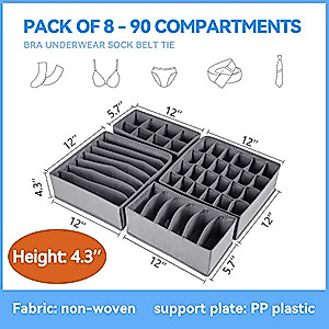 8 Set Drawer Underwear Organizer Divider Fabric Foldable Dresser Storage Basket and Bins for Storing Bra Ties Lingerie Undies Sock Panty Belts Clothes Scarves (8 Pack Grey)