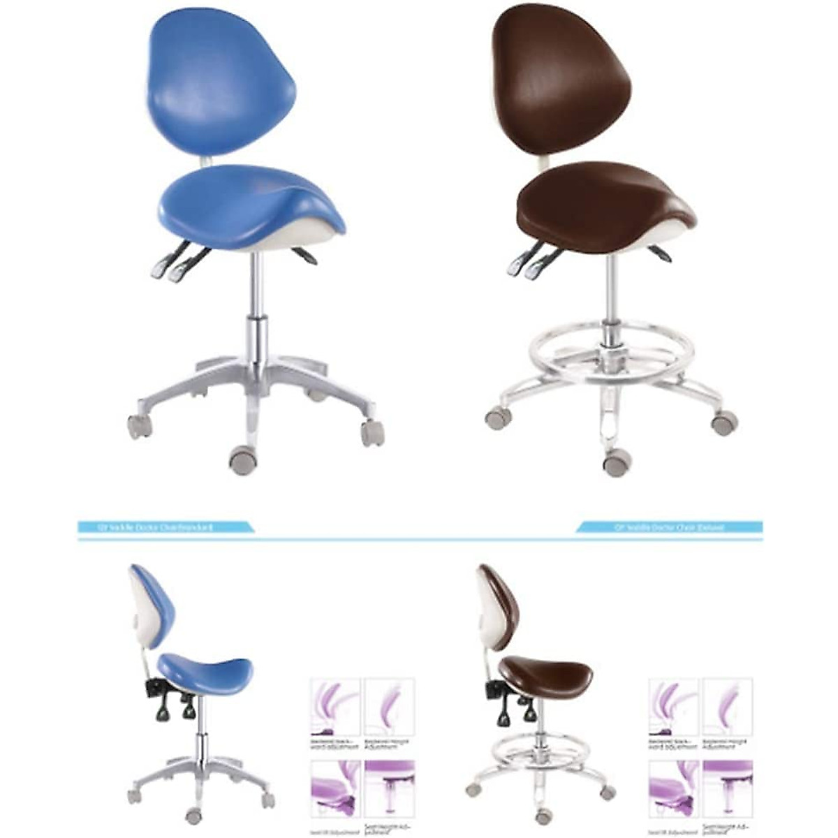 DOC.ROYAL Dental Saddle Chair Doctor's Stool PU Leather Medical Mobile Chair Two-Way Adjustment (Blue)