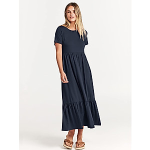 ANRABESS Women Summer Casual Short Sleeve Crewneck Aline Swing Flowy Tiered Shirt Maxi Beach Long Dress 2025 Trendy Outfits X-Large Navy Blue