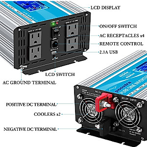 POOXTRA 2000 Watt Pure Sine Wave Inverter 12V DC to 110V AC Converer with 4 AC Outlets,1 USB Port,16.4ft Remote Control and Dual Cooling Fans-Peak 4000W