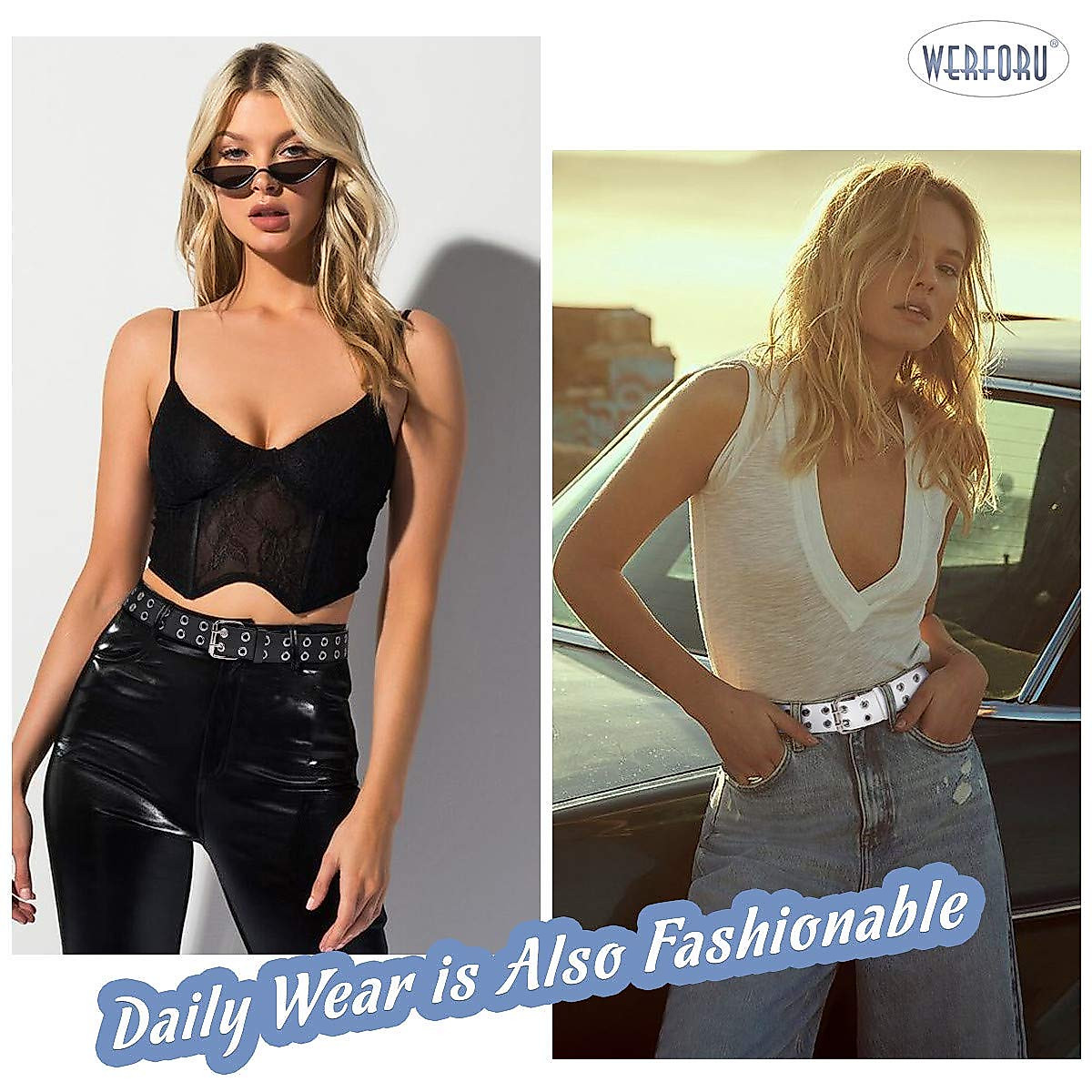 WERFORU 2Pack Double Grommet Belt PU Leather Punk Belt for Women Jeans (suit for pant below 35", A-Black+White)