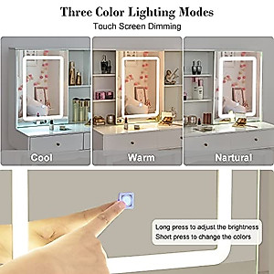 BEWISHOME Vanity Desk with Mirror and Lights, Makeup Vanity with Lights, White, Makeup Desk with 3 Color Lighting, Vanity Table with Cabinet & 2 Drawers, Dressing Table Makeup Table FST15M
