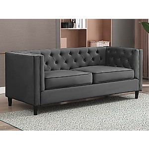 BALUS Button Tufted Upholstered Sofa, Modern Velvet Couch with Solid Wood Construction, Classic Chesterfield, 2 Seater Sofa Couch, Couches for Living Room/Apartment/Office/Bedroom Furniture,Dark Grey