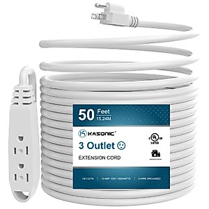 50-Feet 3 Outlet Extension Cord, Kasonic UL Listed, 16/3 SJTW 3-Wire Grounded, 13 Amp 125 V 1625 Watts, Multi-Outlet Indoor/Outdoor Use, White