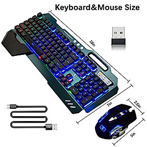 Wireless gaming Keyboard and Mouse,Rainbow Backlit Rechargeable Keyboard Mouse with 3800mAh Battery Metal Panel,Removable Hand Rest Mechanical Feel Keyboard and 7 Color Gaming Mute Mouse for PC Gamers
