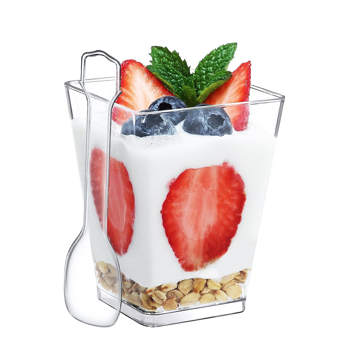 SHOPDAY 5 Oz-Plastic-Dessert-Cups: 30 Pack Square-Clear-Cups-with-Spoons, Parfait-Cups Appetizer-Cups Small-Plastic-Cups Mini Shooter-Cups for Party Yogurt Mousse