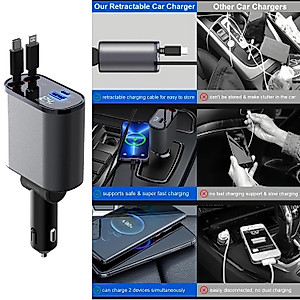 Retractable Car Charger Fast Charging - 66W 4-in-1 USB C Car Phone Charger Cigarette Lighter Adapter Car Charger Compatible with iPhone 15 14 13 12 Pro Max iPad Android Pixel Huawei Tablet