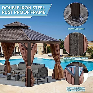 12'x12' Hardtop Gazebo, Outdoor Aluminum Hard Top Gazebo with Galvanized Steel Double Roof, Permanent Metal Roof Gazebo with Nettings, Curtains and Hooks for Deck, Patio (Bronze)