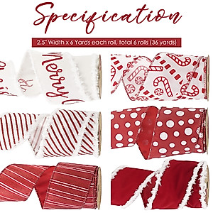 HUIHUANG Christmas Ribbon Wired Red Christmas Tree Ribbon 6 Rolls Red and White Ribbon Candy Cane Ribbon for Christmas Tree, Gift Wrapping, Wreath, Garland, Home Decor (2.5" Width, 36 Yards Total)
