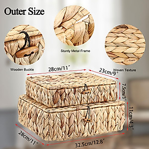 Hipiwe Wicker Storage Basket Bins with Lid Natural Water Hyacinth Basket Bin Boxes Rectangular Decorative Shelf Baskets Box Stackable Flat Woven Storage Box for Home Organizing, 2-Packs