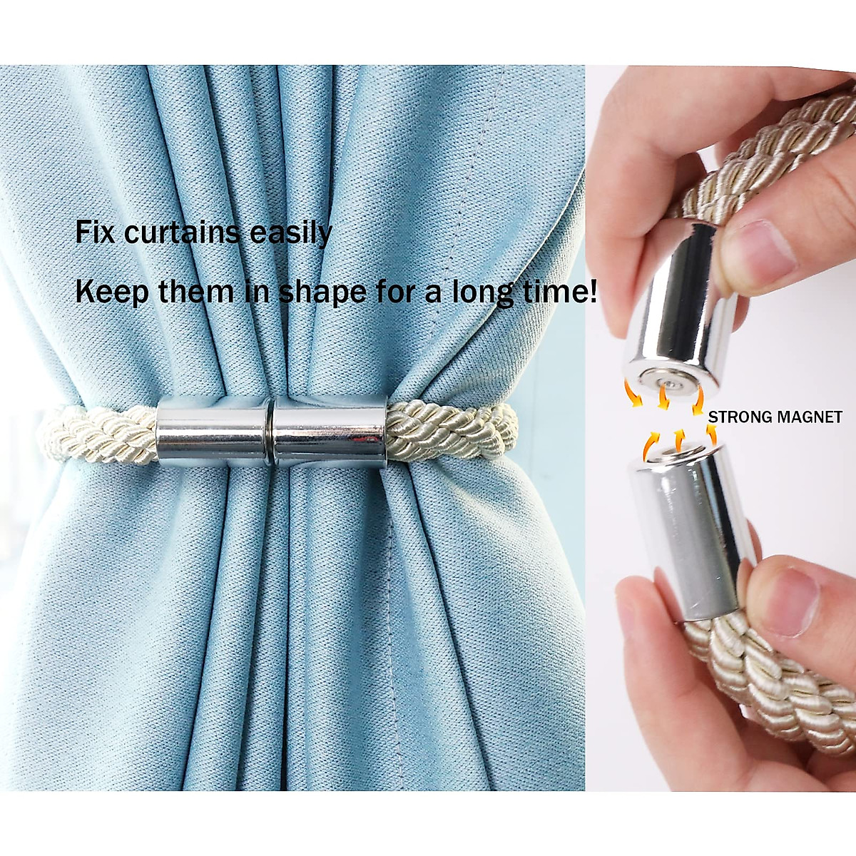 2 Pcs Magnetic Curtain Tiebacks Magnetic Curtain Holder Curtain Tie Window Treatment Holdbacks Back Magnetic Curtain tiebacks Hand Braided Cord for Home Bedroom Office Decorative Curtain（creamy-white）