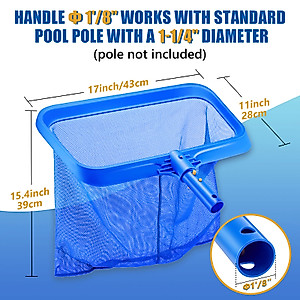 SORSWEET Pool Rake, Heavy Duty 17" Leaf Skimmer Net, Including EZ-Clip, Deep Bag Catcher, Pool Net for Cleaning Pool, Fits Standard 1-1/4" Pole, Pole Not Included