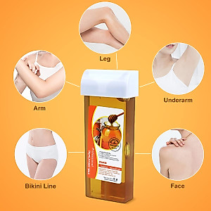 Roll on Wax, Hair Removal Wax Kit, 4pcs Honey Roll on Wax & 100 Non-Woven Wax Strips, Hair Removal Wax Cartridge, Depilatory Wax Roller Refill, Hair Removal Wax Roller for Body Waxing, Leg and Arms