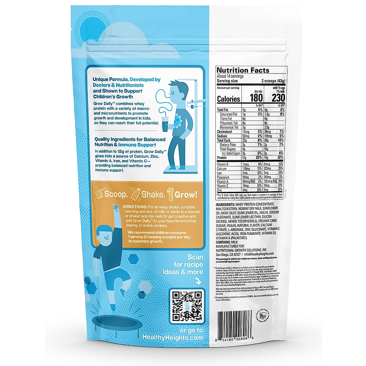 Healthy Height Grow Daily 3 Protein Powder (Vanilla) - Developed by Pediatricians - High in Protein Nutritional Shake - Contains Key Vitamins & Minerals