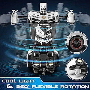 FDJ Remote Control Car - Transform Car Robot, One Button Deformation to Robot with Flashing Lights, 2.4Ghz 1:18 Scale Transforming Police Car Toy with 360 Degree Rotating Drifting for Boys and Girls