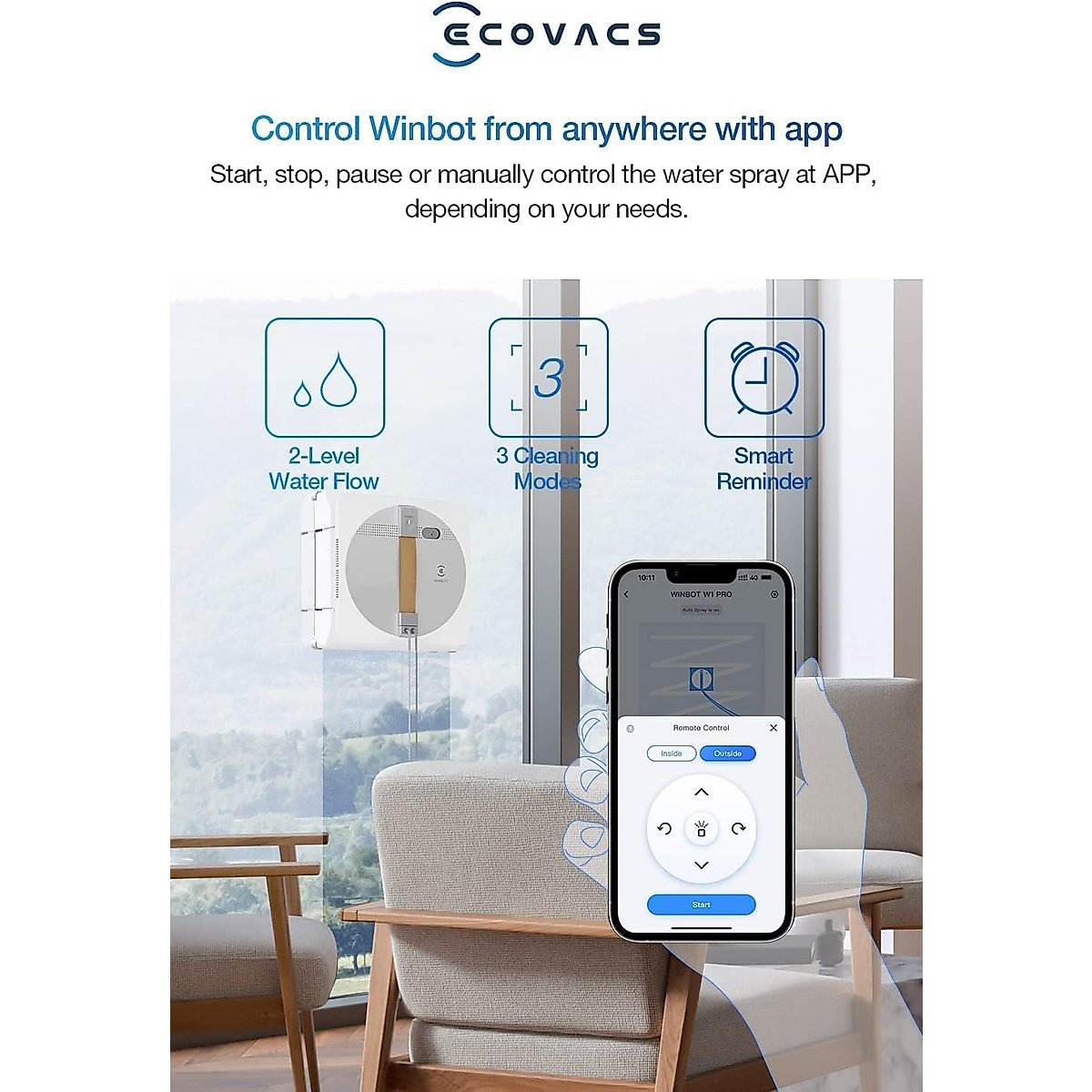 ECOVACS Winbot W1 Pro Window Cleaning Robot, Intelligent Cleaning with Dual Cross Water Spray Technology, Win SLAM 3.0 Path Planning, 2800Pa Suction Power, Edge Detection Technology, App Control,Grey