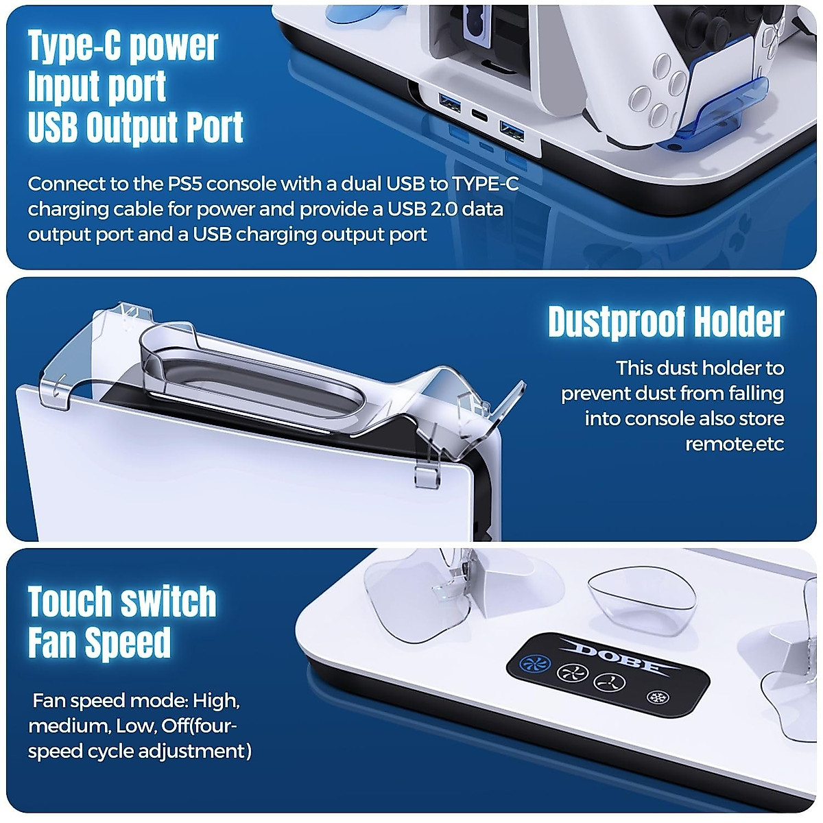 TNP Cooling Stand for PlayStation 5 with Cooling Fan & Charging Station - 4 Speed Modes Cooling Fan for PS5, Multiple Controller Charger Stand for PS5 Controllers, Display Stand for PS5 Headset