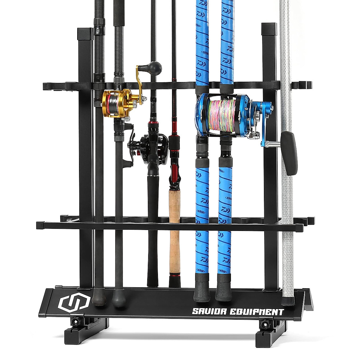 Savior Equipment Fishing Rod Rack Holder Organizer, Lightweight Aluminum Vertical Fish Pole Garage Storage Ground Display Stand, Hold Up to 24 Slots Fresh Salt Water Spinning Rods & Reel Combo, Black