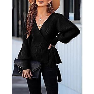 Saodimallsu Womens V Neck Wrap Sweater Loose Batwing Long Sleeve Sexy Pullover Sweaters Tie Ribbed Knit Jumper Tops Black