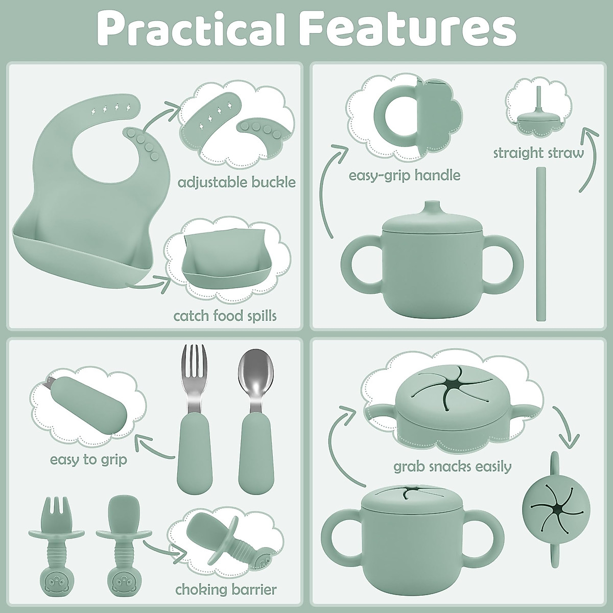 Bufims Silicone Baby Feeding Set, Baby Led Weaning Supplies, Eating Essentials Utensils with Suction Plate and Bowl, Pocket Bib, Sippy Cup with Lid, Forks Spoons Snack Container, for 6+ Months, Green