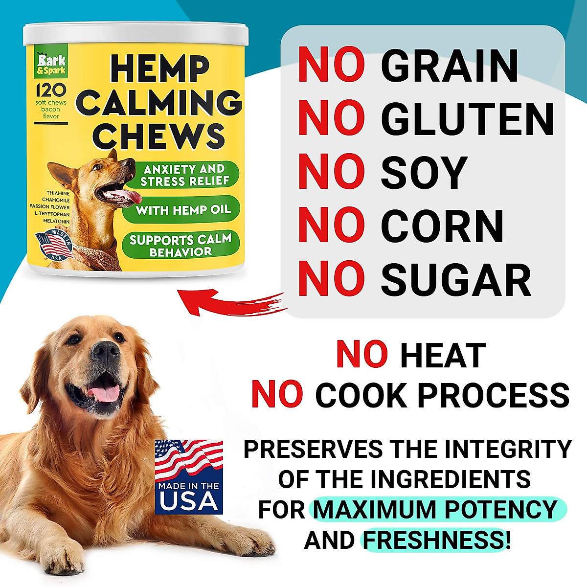 BARK&SPARK Calming Hemp Treats for Dogs - Made in USA with Hemp Oil - Anxiety Relief - Separation Aid - Stress Relief During Fireworks, Storms, Thunder - Aggressive Behavior, Barking - 120 Soft Chews