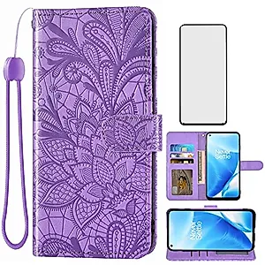 Asuwish Phone Case for OnePlus Nord N200 5G with Screen Protector and Lace Wallet Cover Flip Card Holder Stand Cell Accessories One Plus N 200 G5 1 Plus 200N 1plus One+ 1+ N2005G 2021 Women Men Purple