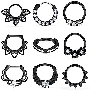 Ocptiy 16G Septum Ring Piercing Jewelry 316L Stainless Surgical Steel Horseshoes Hinged Septum Seamless Hypoallergenic Cute Septum Clicker Nose Ring Earring Hoop Piercing Jewelry Men Women Black 10mm