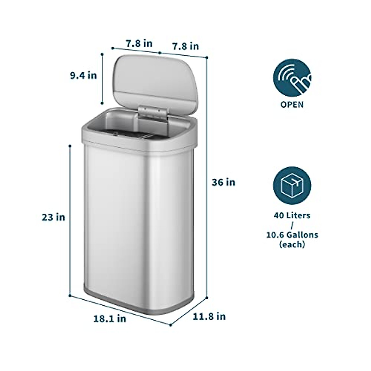 finetones 21 Gallon Trash Can, Automatic Hands-Free Stainless Steel Trash Can, Mute Metal Garbage Can with Lid, Motion Sensor Trash Can for Kitchen Office, 80 Liter, 2 Compartment Bins