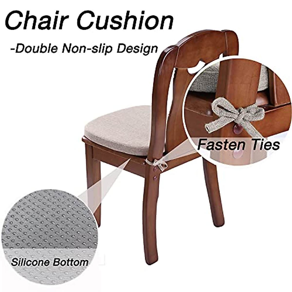 KGPLOME Chair Cushion with Ties for Dining Chairs - Memory Foam Non Slip Kitchen Chair Pad and Dining Seat Cushion with Machine Washable Cover [16.5 x 16.2 Inches] - Dark Beige