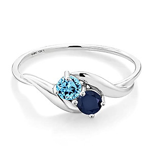 Gem Stone King 0.42 Ct Round Swiss Blue Topaz Blue Sapphire 10K White Gold Ring (Size 6)