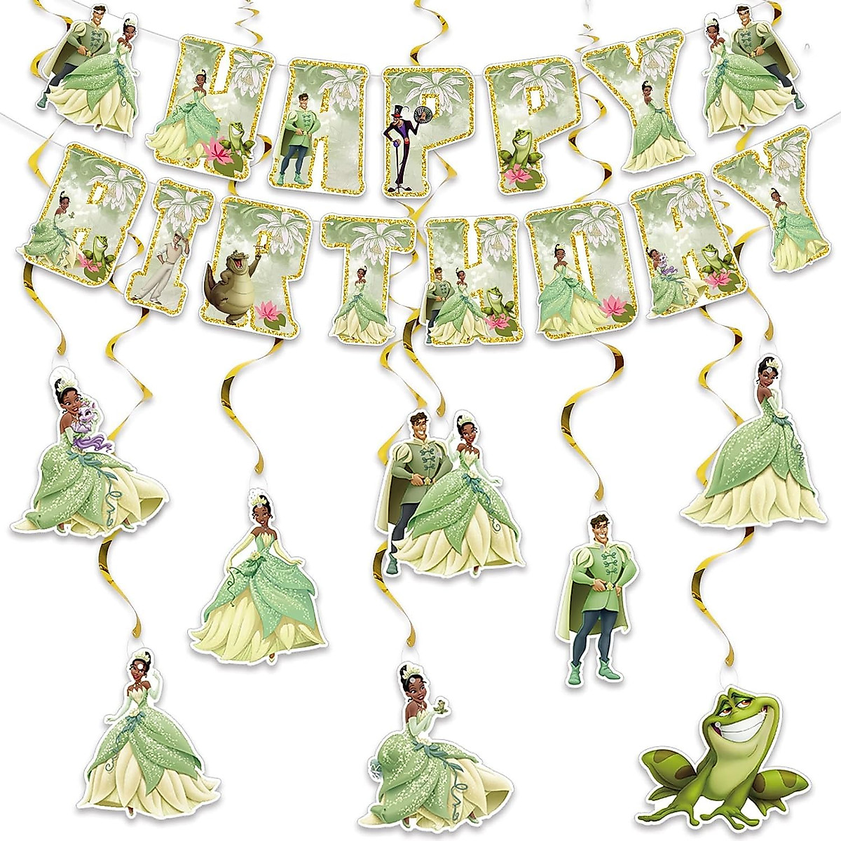 Princess Frog Birthday Decorations,Princess Party Decorations Banner and Hanging Swirls Party Supplies,Boys and Girls Happy Birthday Banners Decor