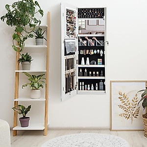 Giantex Jewelry Cabinet Armoire Door Wall Mount, 47.2in Lockable Touch Screen Lighted Full Length Mirror, 3 Lighting Settings, Inside Makeup Mirror, Jewelry Storage Box Organizer (Grayish White)