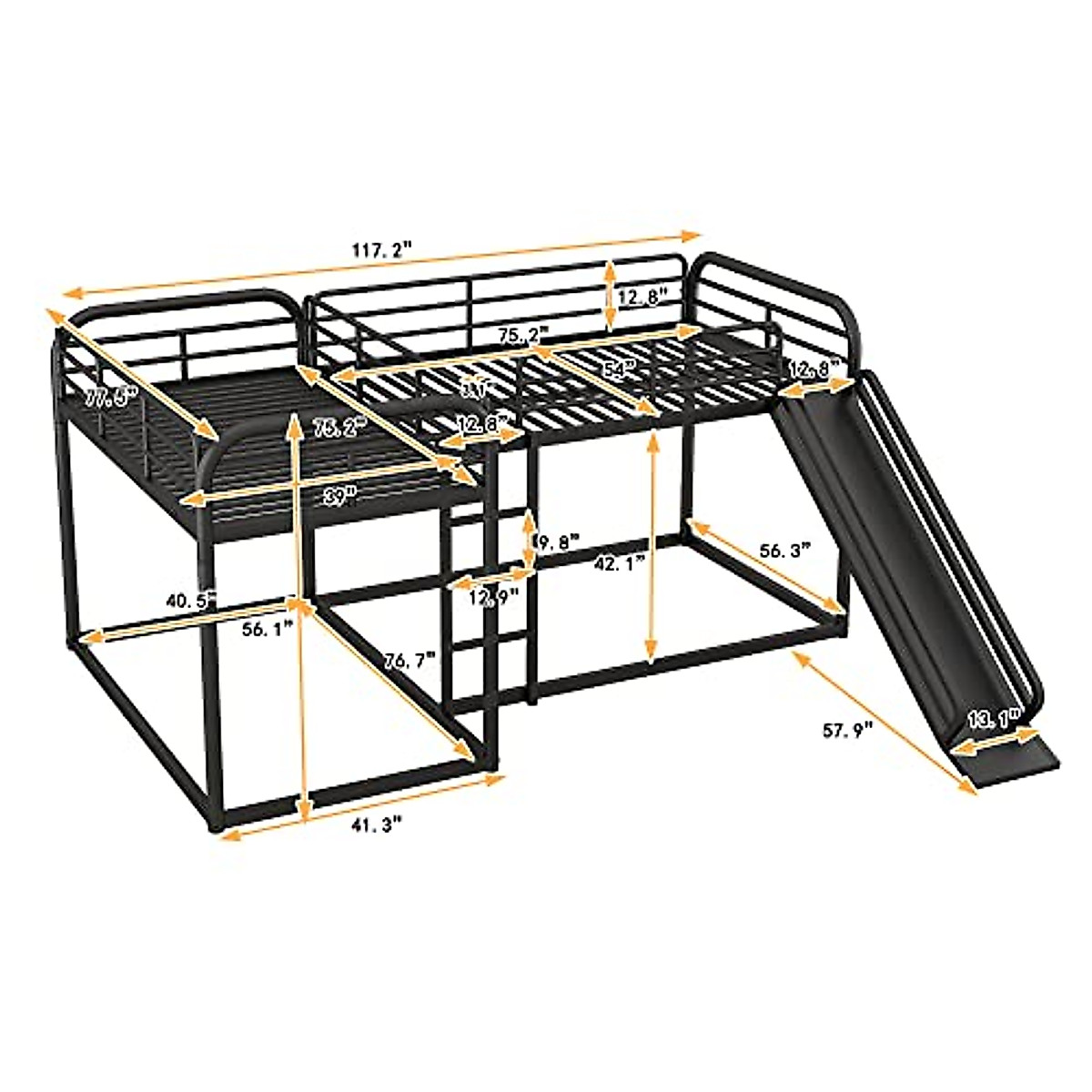 WOXYX Full and Twin Size L-Shaped Bunk Bed,Metal 4 Beds Frame with Slide and Short Ladder,White